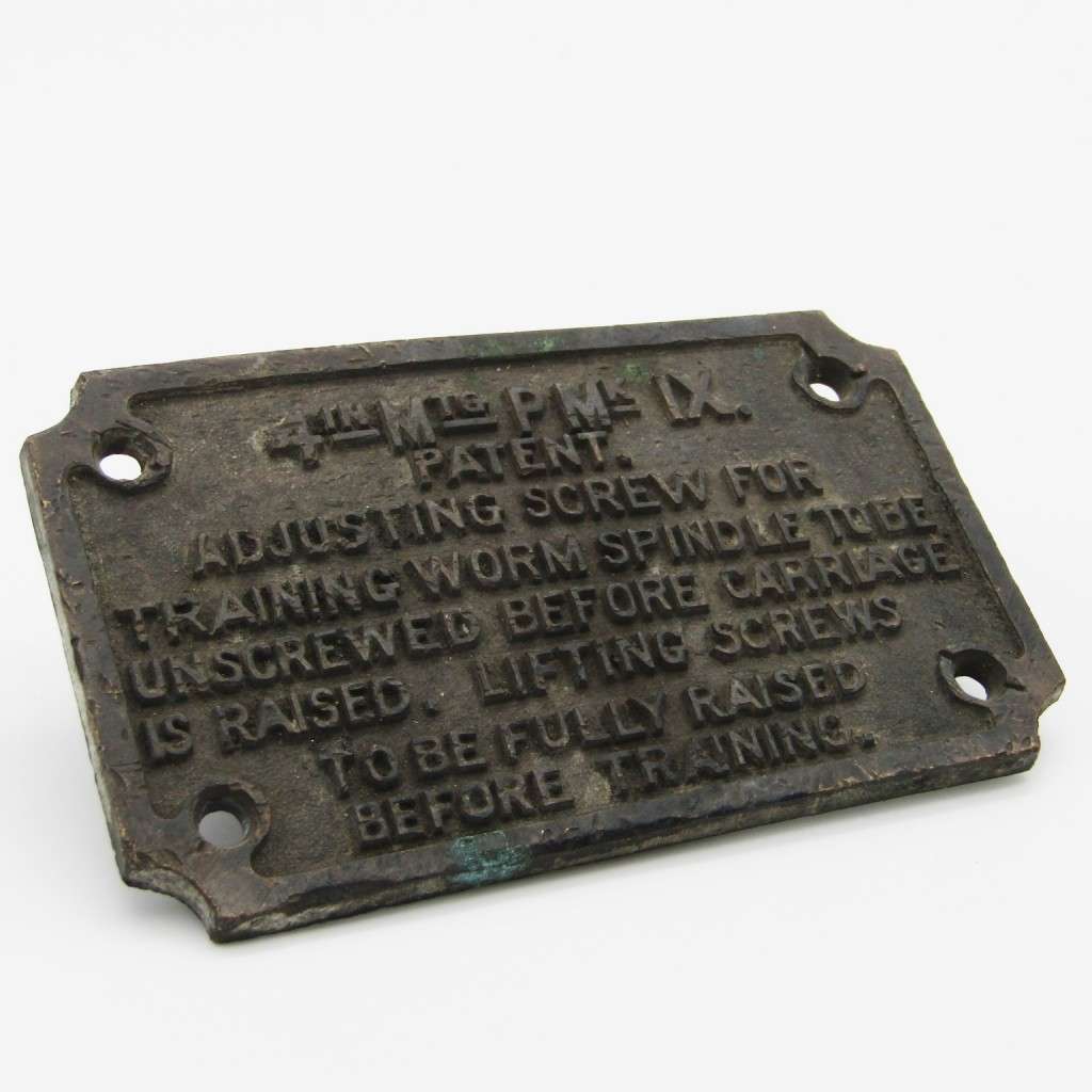 Plaques - 4IN MTG P Mk IX instruction metal plaque - possibly 4inch MK IX Naval gun plaque for ...